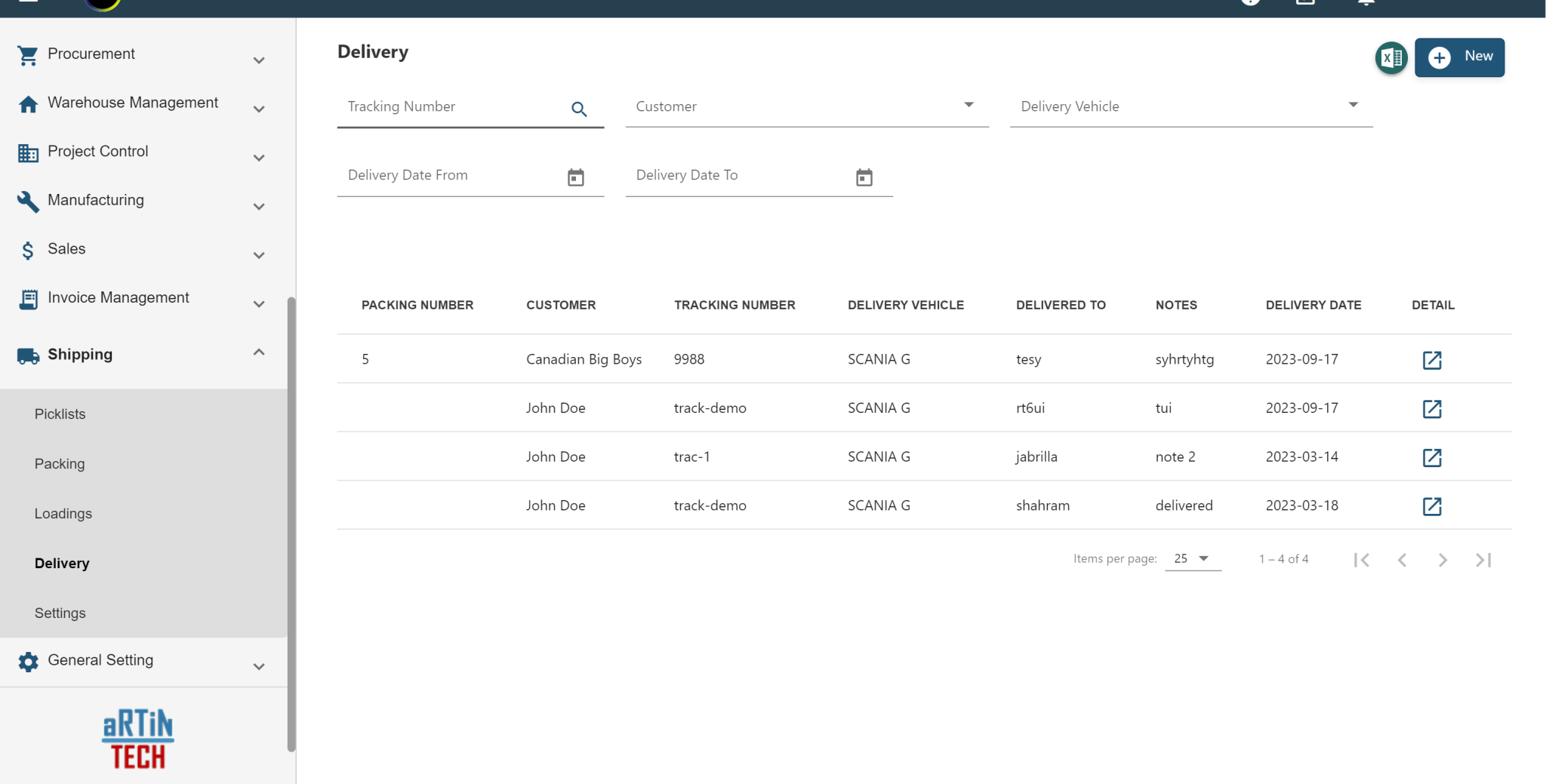 Recording Delivery in Artintech ERP - Artintech Software Solutions