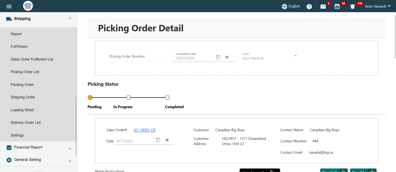Pick list (Pick Ticket) - Artintech Software Solutions
